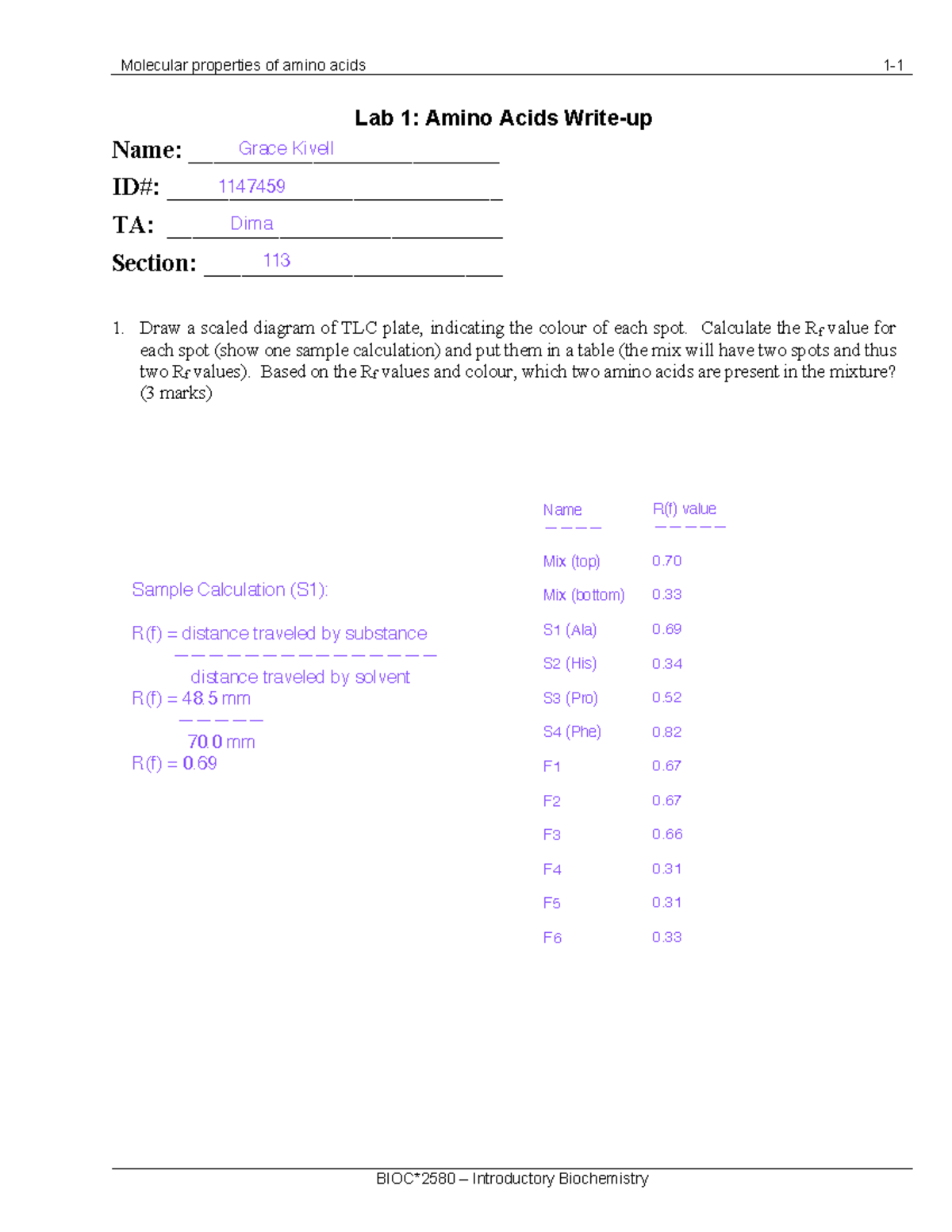 Amino Acid Lab Write-up - Molecular properties of amino acids 1- BIOC ...