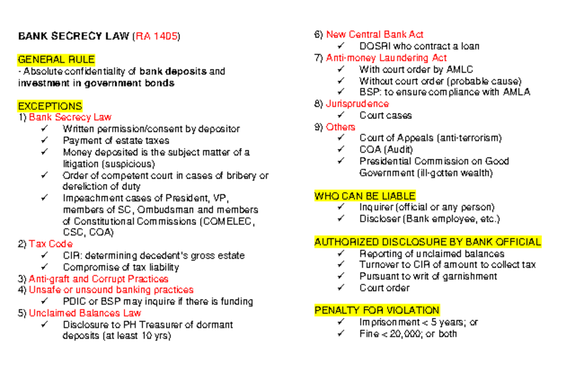 Bank-Secrecy - Summary Negotiable Instruments Law - BANK SECRECY LAW ...