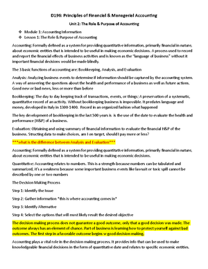 D196 Study Guide - D196 – Principles of Financial and Managerial ...