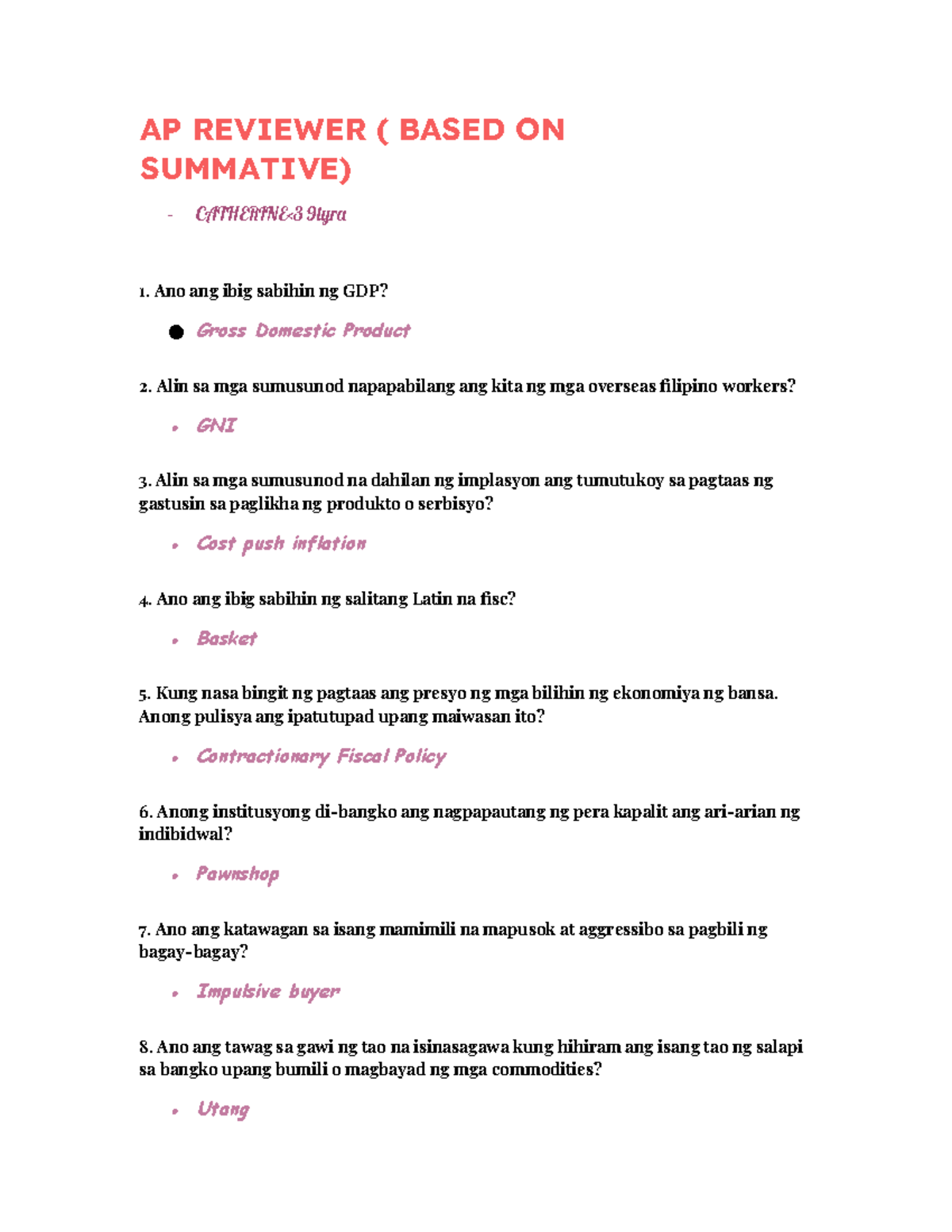 AP- Reviewer- Summative - AP REVIEWER ( BASED ON SUMMATIVE) 🎀🌷 - CATHERINE