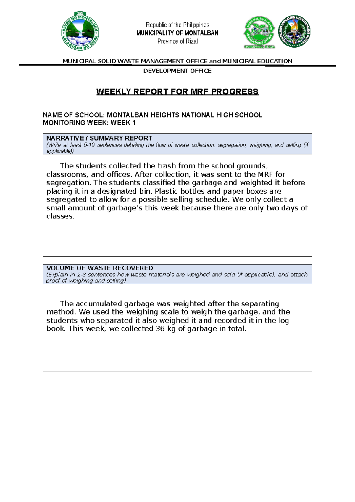 MRF week 1 - Republic of the Philippines MUNICIPALITY OF MONTALBAN ...
