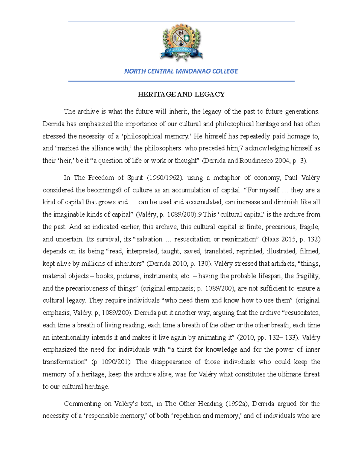 Heritage AND Legacy - NORTH CENTRAL MINDANAO COLLEGE HERITAGE AND ...