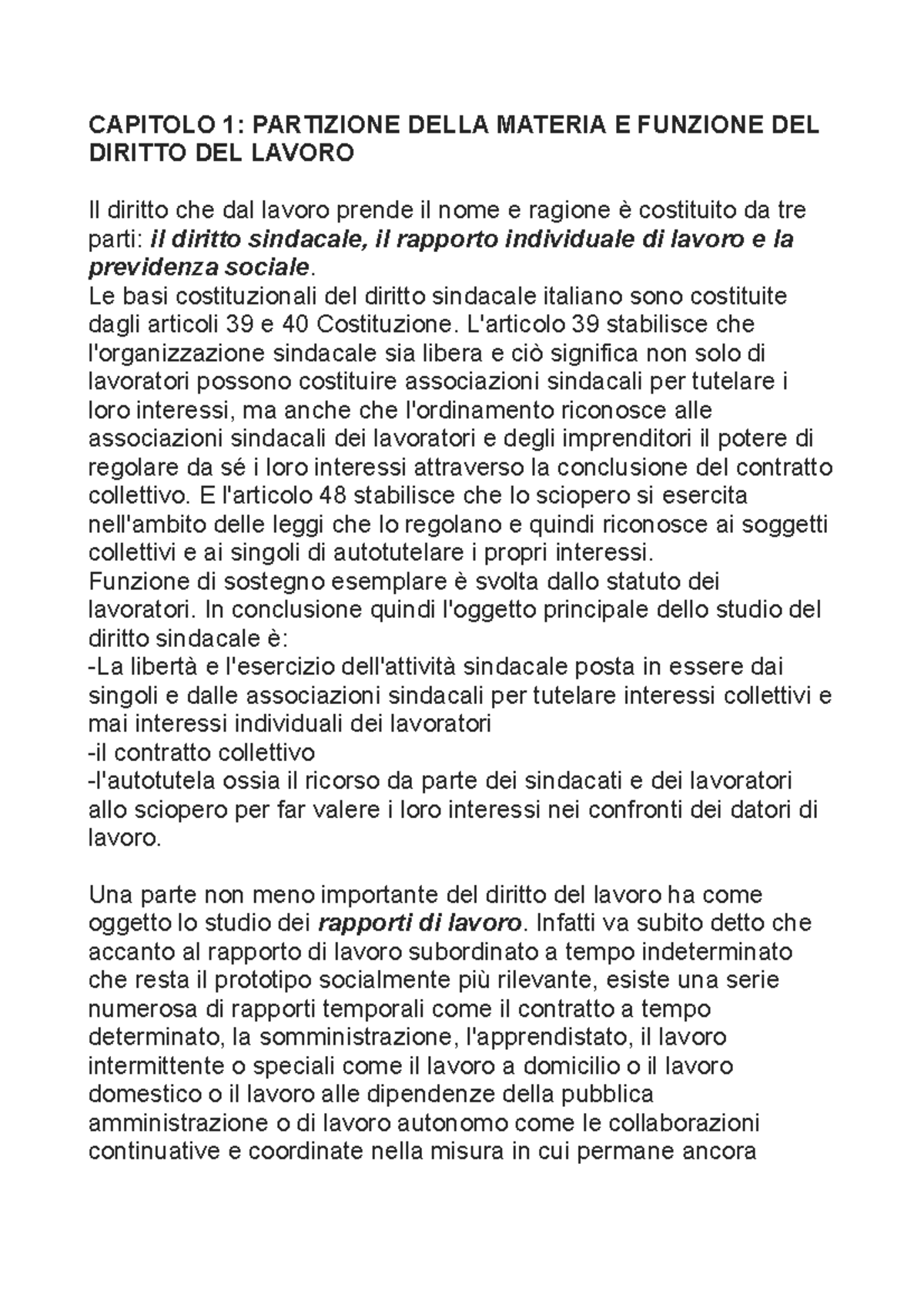 Diritto-lavoro - CAPITOLO 1: PARTIZIONE DELLA MATERIA E FUNZIONE DEL ...