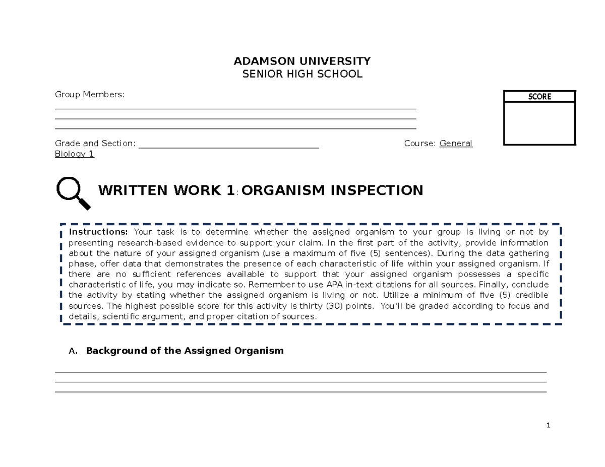 Written Work 1- Organism Inspection - ADAMSON UNIVERSITY SENIOR HIGH ...