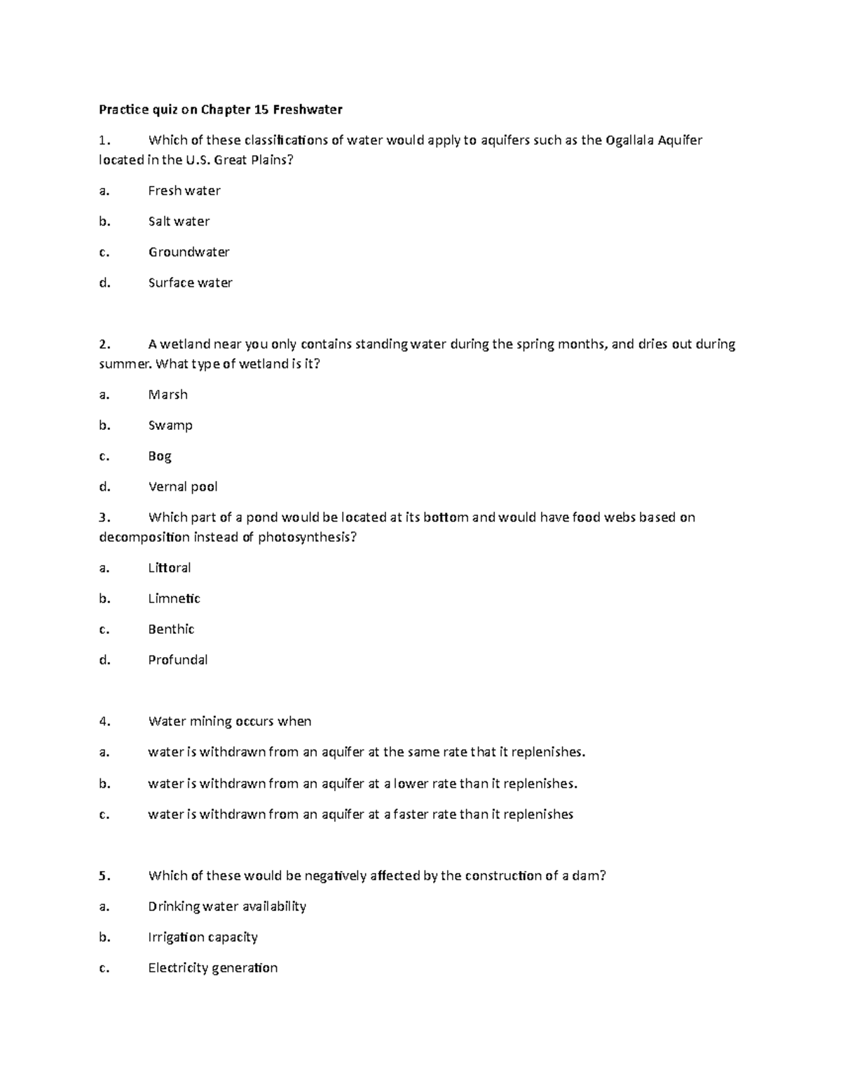 Practice quiz on Chapter 15 Freshwater - Practice quiz on Chapter 15 ...