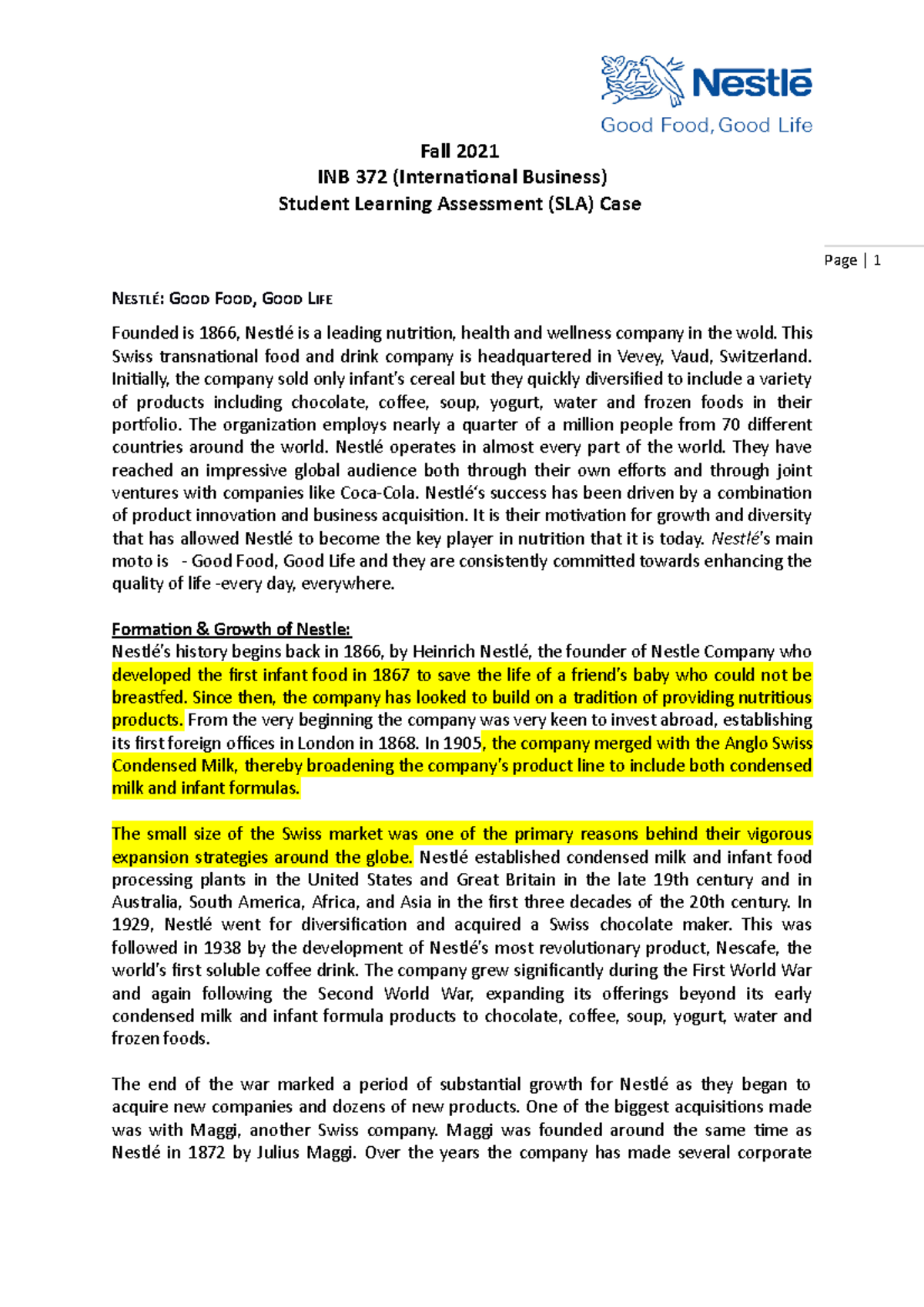 Group-3, INB 372 Fall 2021 SLA CASE - Fall 2021 INB 372 (International ...