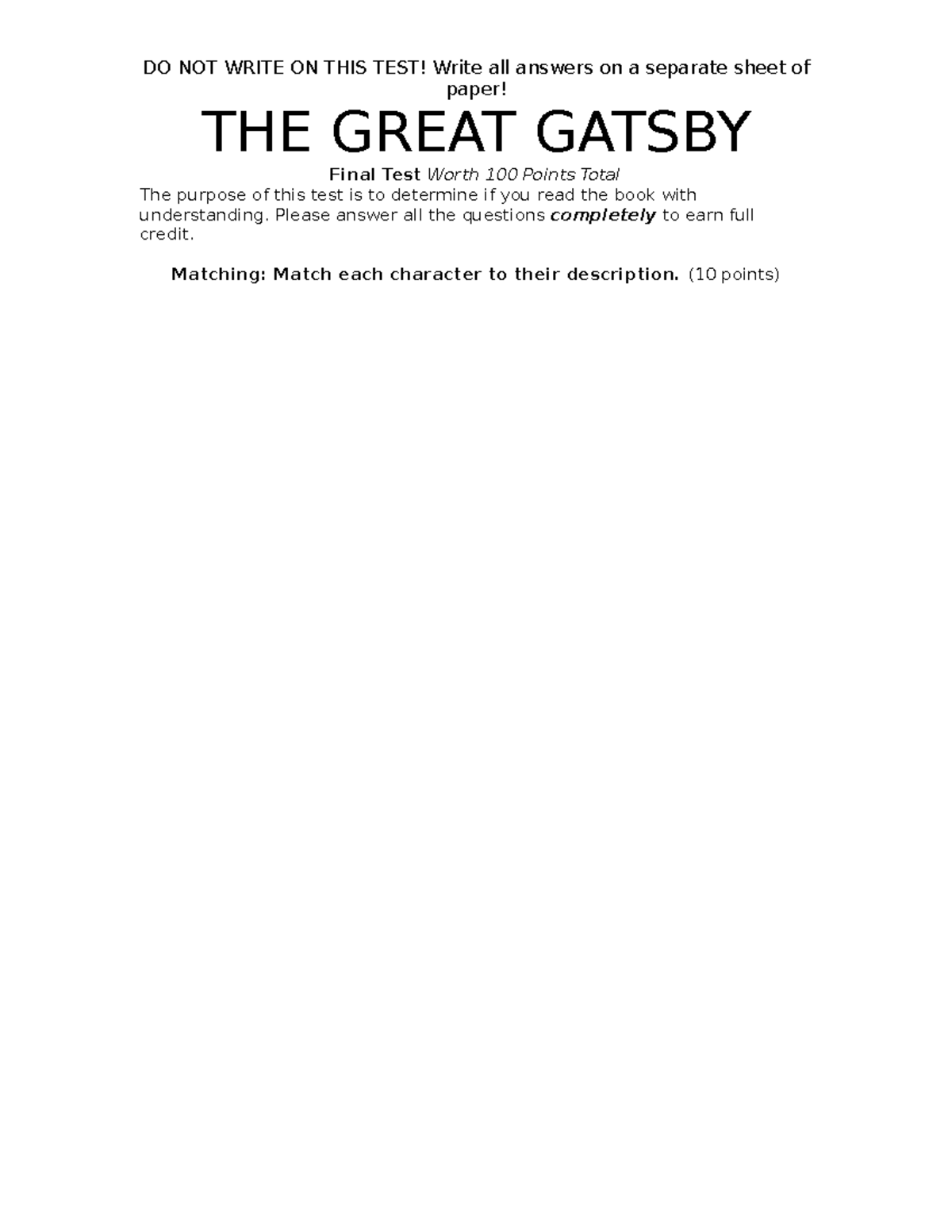 30351904 The Great Gatsby Final Test - paper! THE GREAT GATSBY Final ...