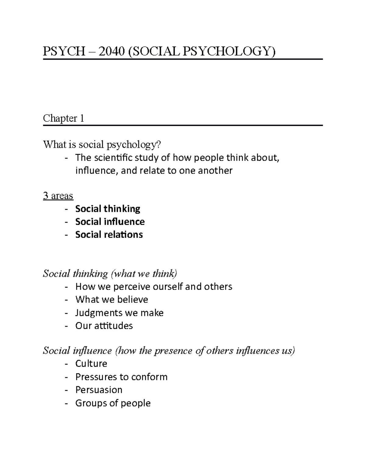 Psych – 2040 chapter 1 - PSYCH – 2040 (SOCIAL PSYCHOLOGY) Chapter 1 ...