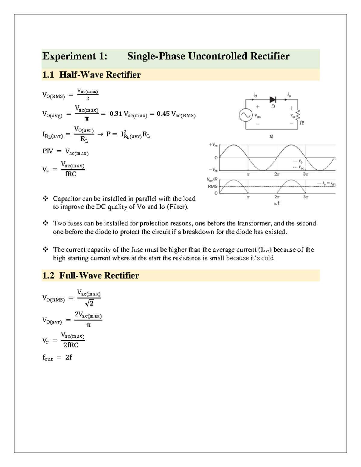 Power Electronics Lab (Mid-Exam Summary) - Experiment 1: Single-Phase Uncontrolled Rectifier 1 ...