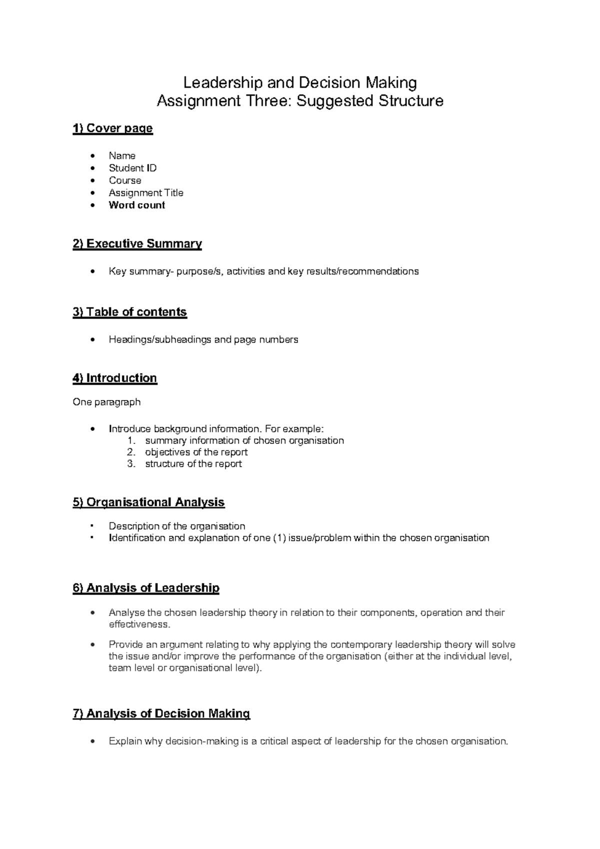 Assignment Three - Suggested Structure - Leadership and Decision Making ...