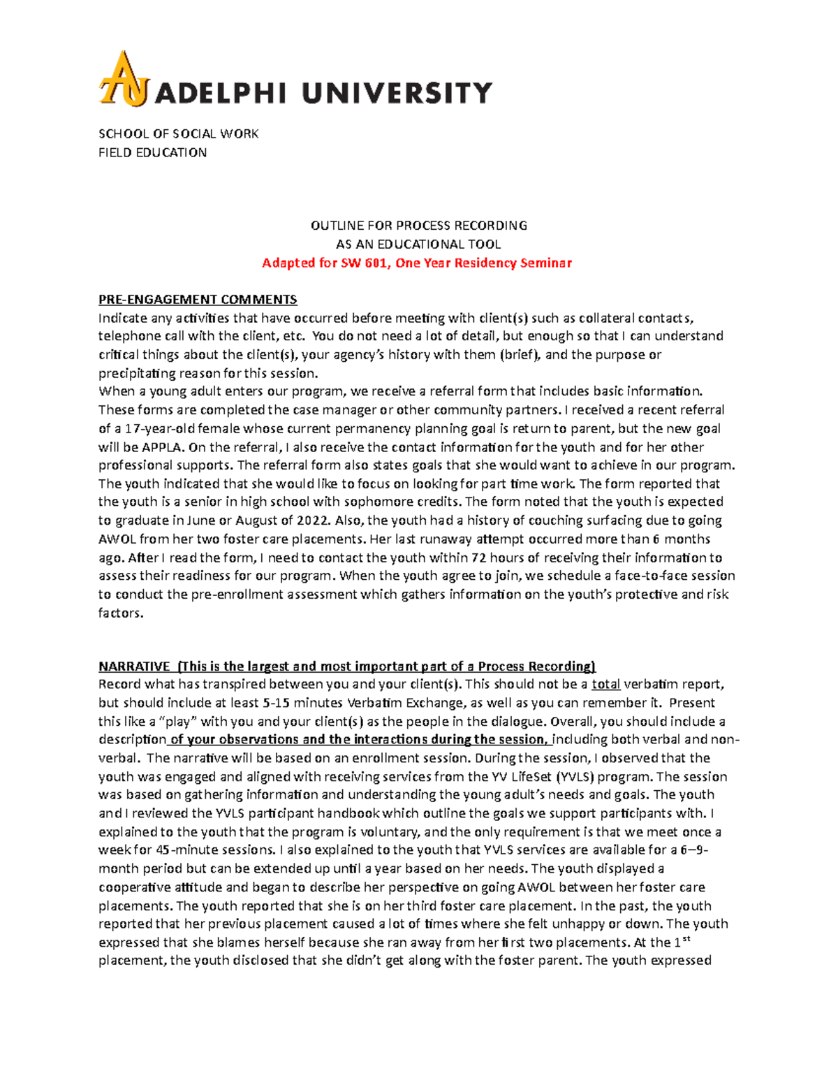 SW 601 Template for Process Recordings with Drop in Boxes - SCHOOL OF ...