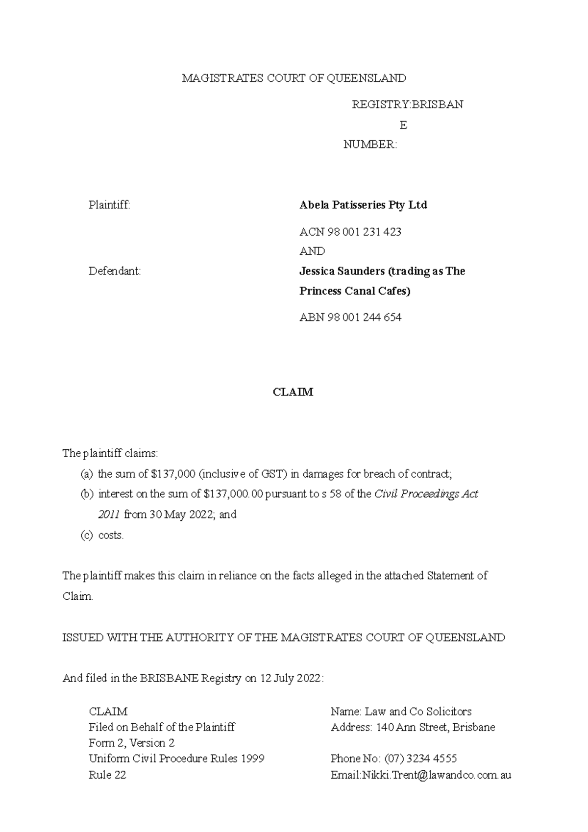 Task 1.3 - Claim - MAGISTRATES COURT OF QUEENSLAND REGISTRY:BRISBAN E ...