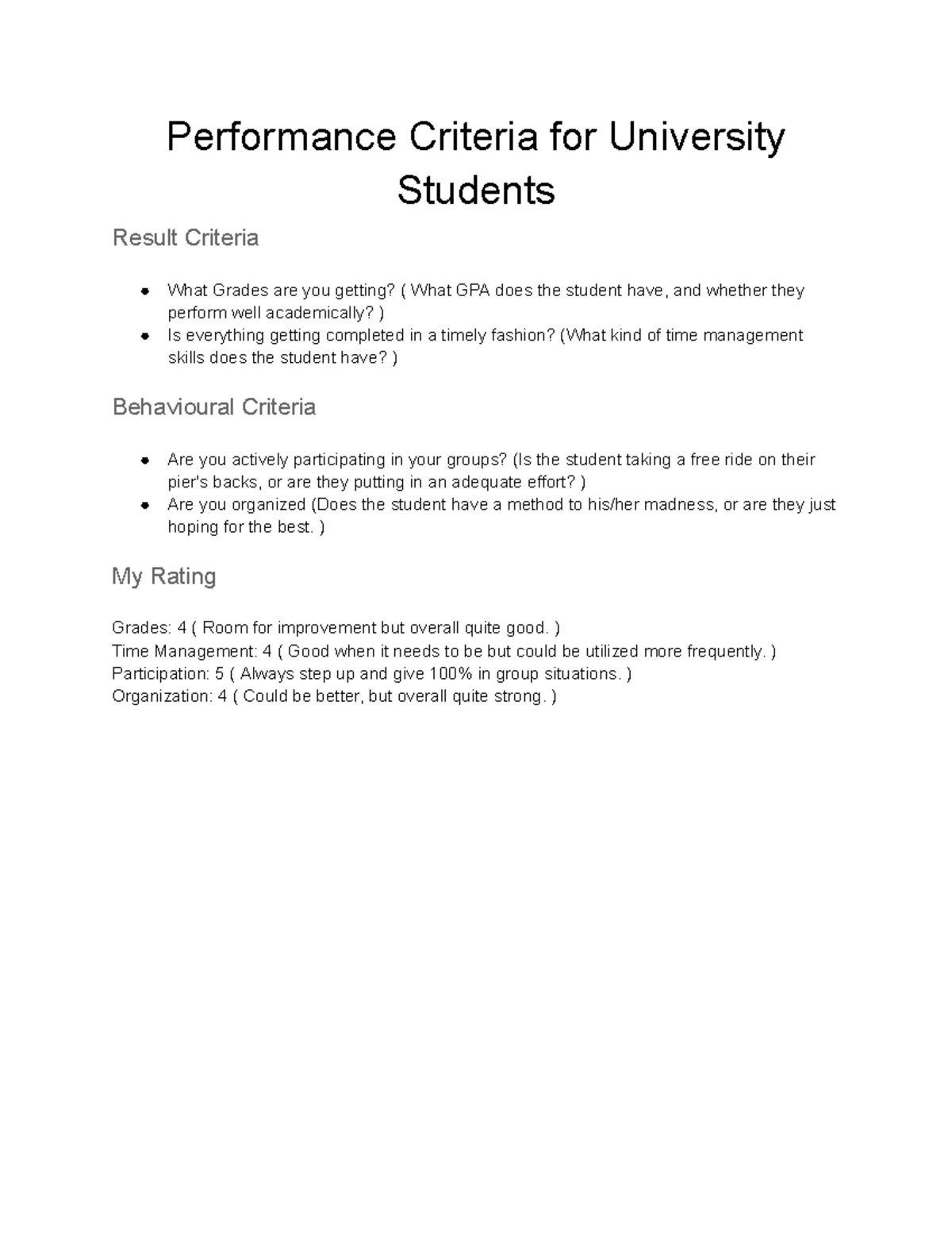 Performance Reflection - Performance Criteria for University Students ...