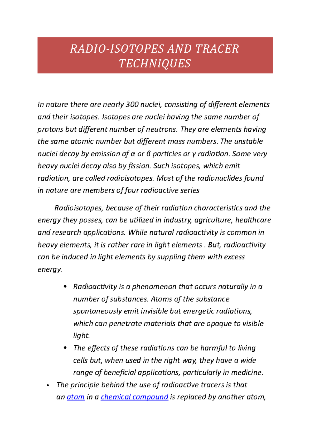 Isotope - Short notes - RADIO-ISOTOPES AND TRACER TECHNIQUES In nature ...