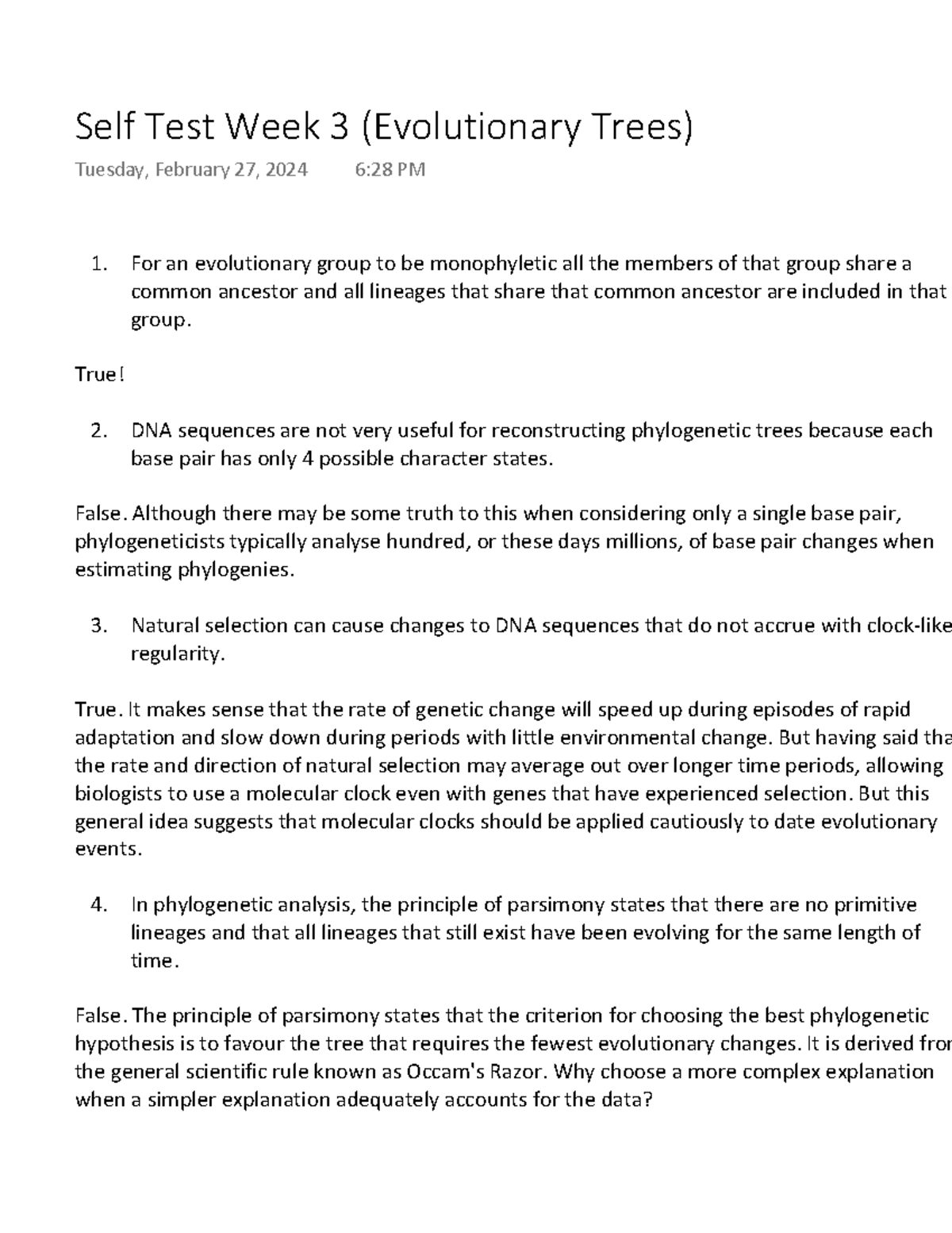 Self Test Week 3 (Evolutionary Trees) - For an evolutionary group to be ...