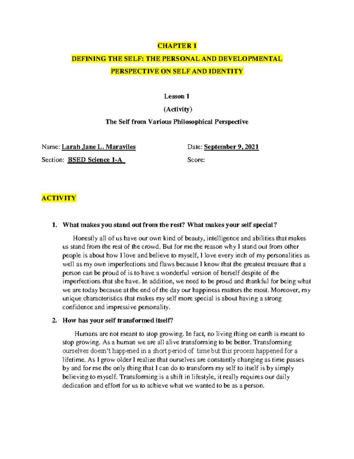 Chapter 1 Lesson 1 Activity - CHAPTER 1 DEFINING THE SELF: THE PERSONAL ...