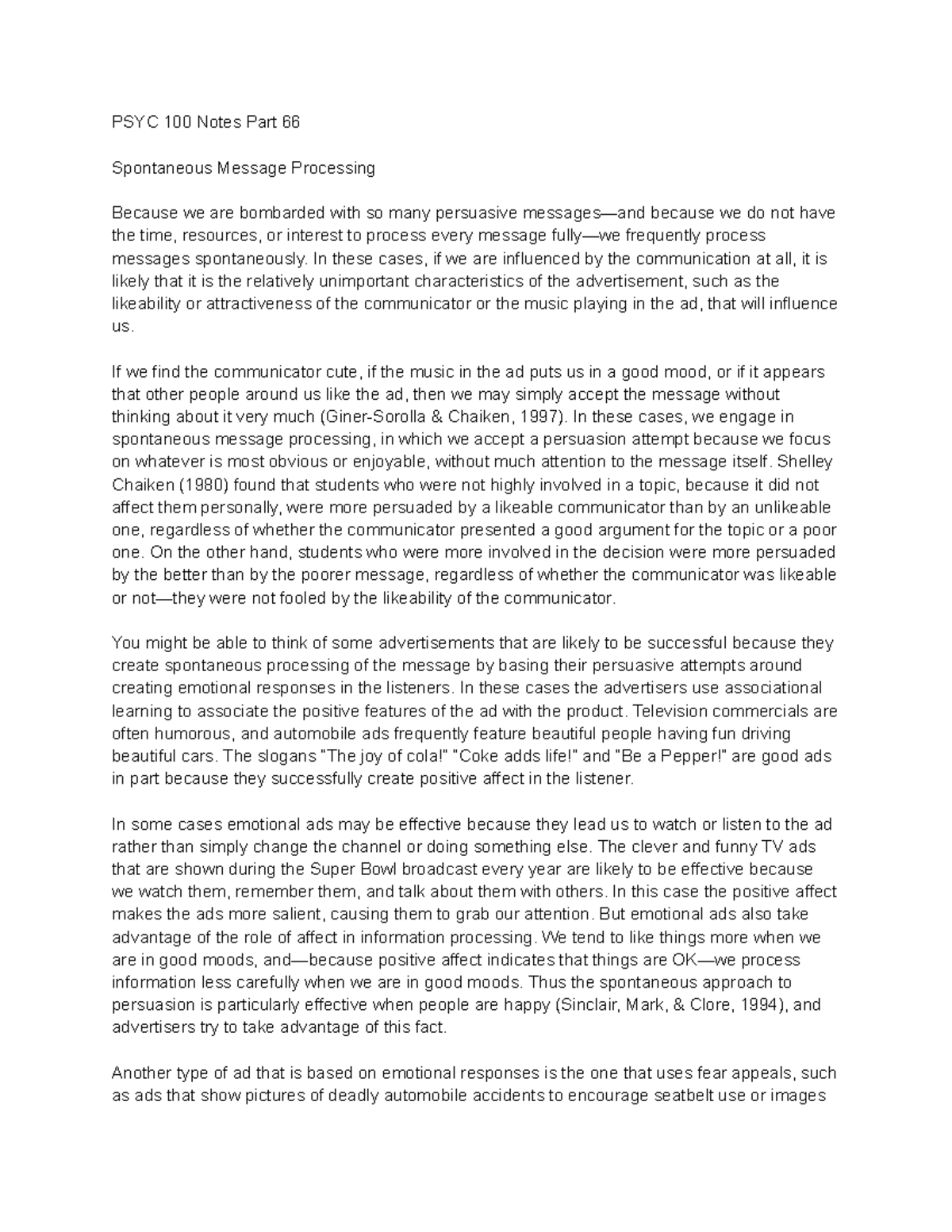 PSYC 100 Notes Part 66 - PSYC 100 Notes Part 66 Spontaneous Message ...