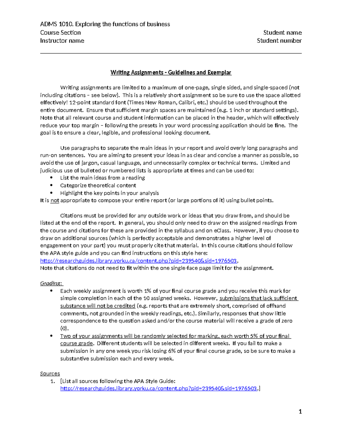 4. Writing assignments. Guidelines - ADMS 1010. Exploring the functions of business Course ...