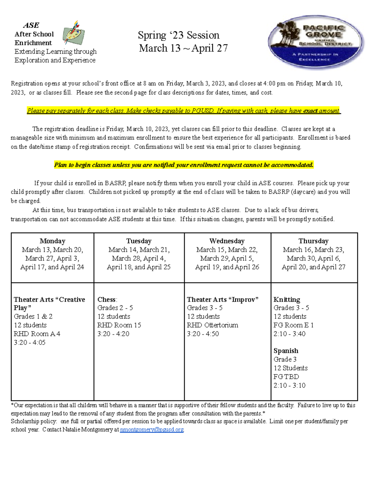 ASE Spring 2023 Registration 2 - ASE After School Enrichment Extending ...