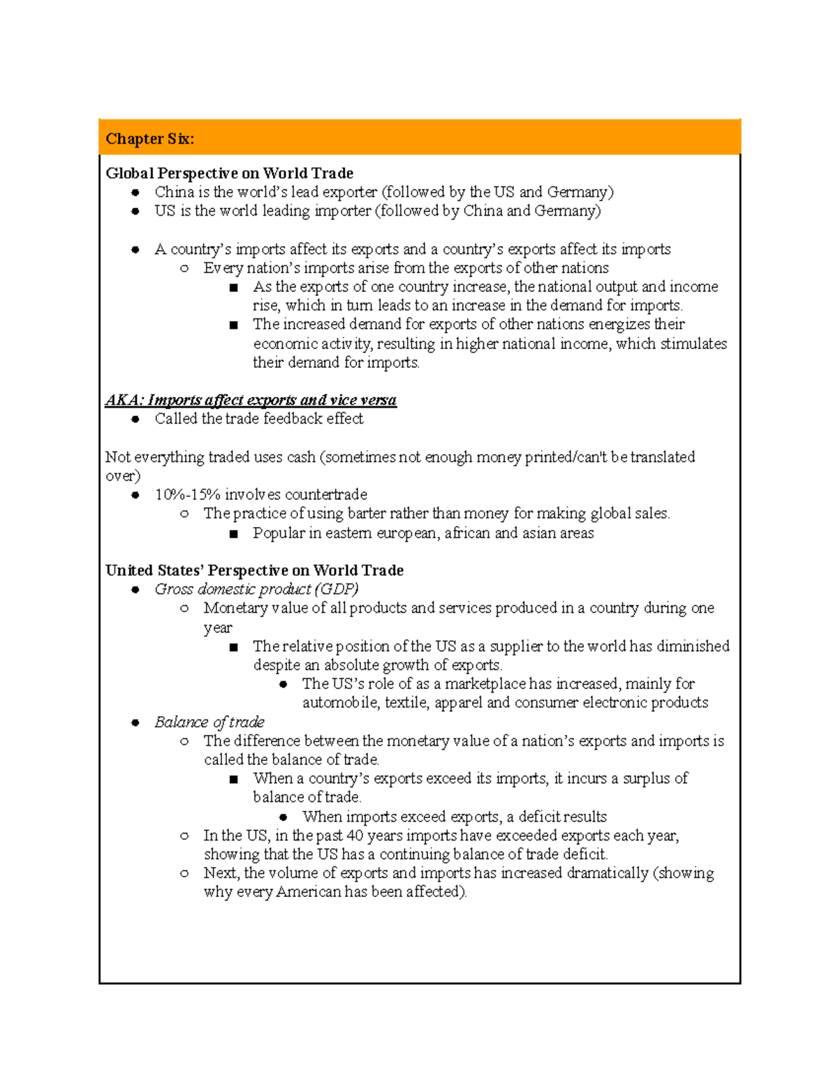 MKT-3410 Chapter Notes - Chapter Six: Global Perspective on World Trade ...