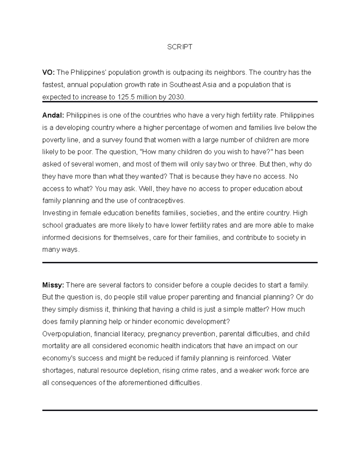 Script-1 - Economic development script overpopulation, Philippines ...