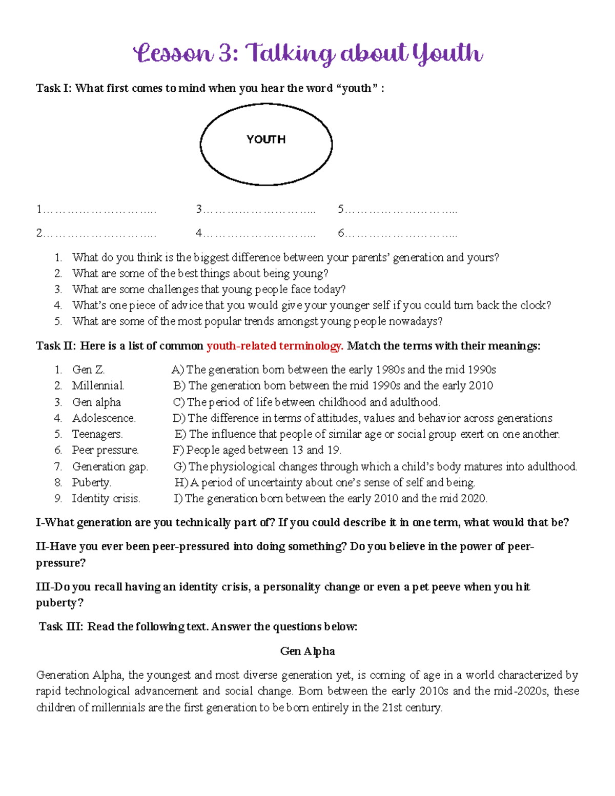 Lesson 3 Talking about Youth - Lesson 3: Talking about Youth Task I ...