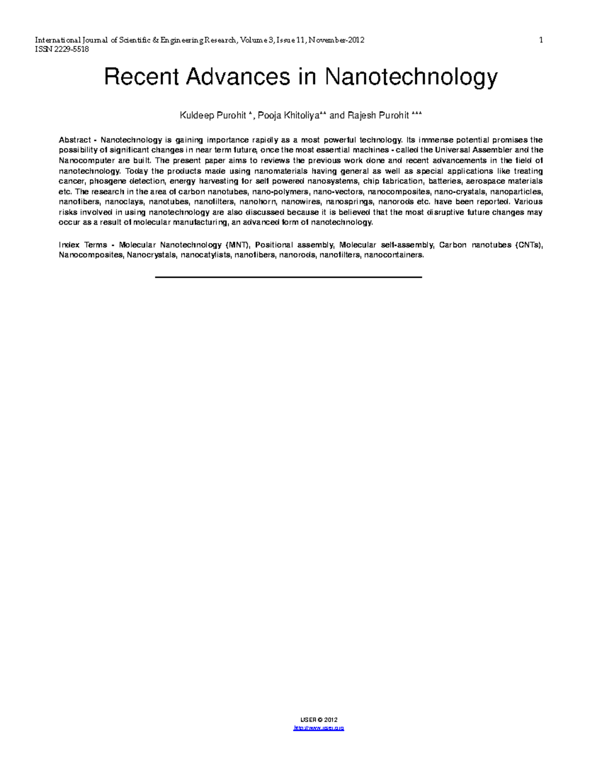 Recent advances in Nanotechnology - ISSN 2229- IJSER © 2012 Recent ...