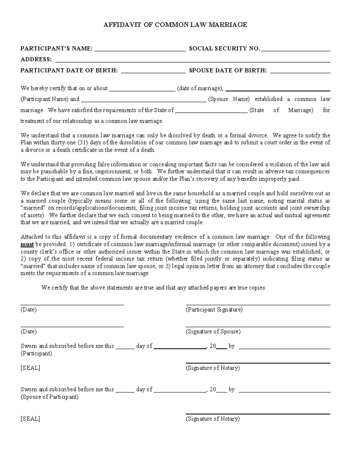 Common Law Marriage Affidavit - AFFIDAVIT OF COMMON LAW MARRIAGE ...