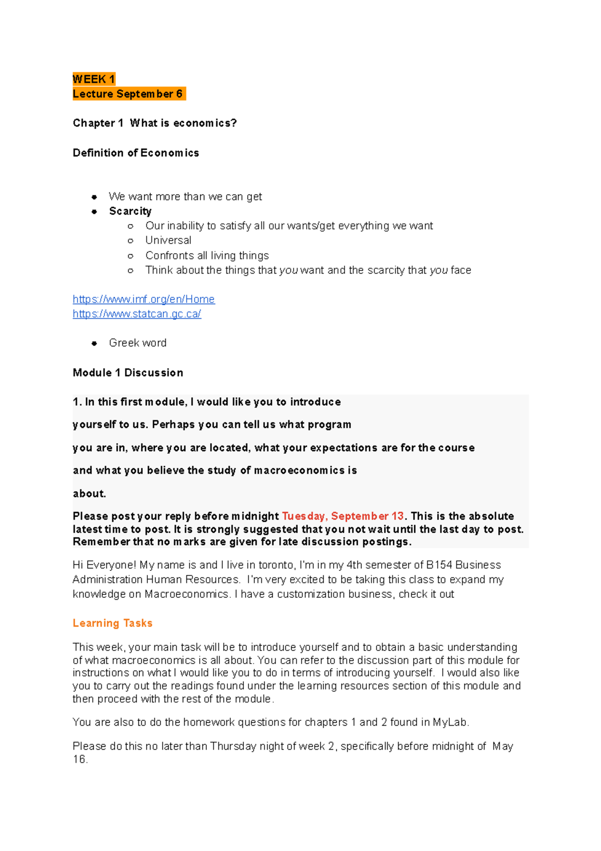 Macroeconomics - ECON 1032 - WEEK 1 Lecture September 6 Chapter 1 What is economics? Definition ...