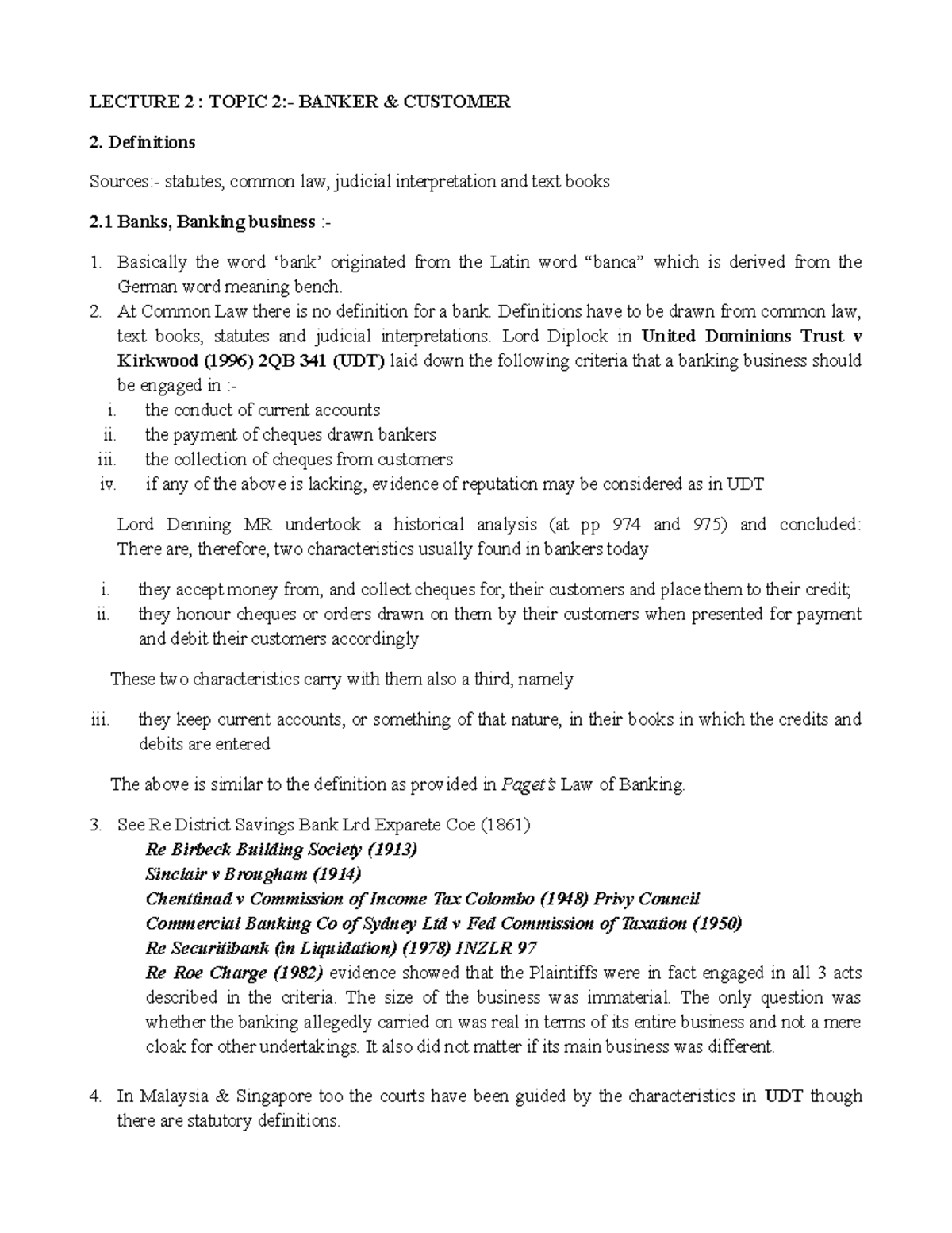 Lecture 2 - LECTURE 2 : TOPIC 2:- BANKER & CUSTOMER 2. Definitions ...