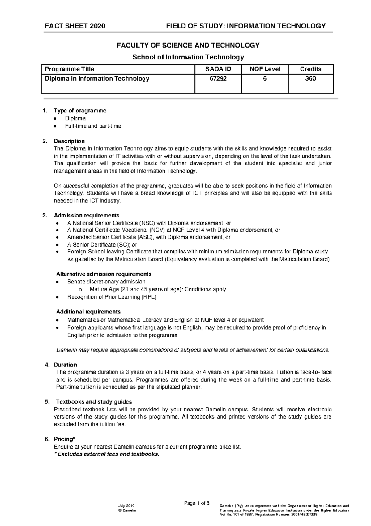Diploma in Information Technology - Fact Sheet 2020# - FACT SHEET 2020 ...