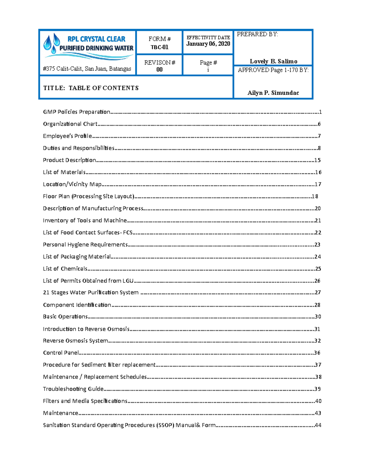 Table OF Contents - #375 Calit-Calit, San Juan, Batangas PREPARED BY ...