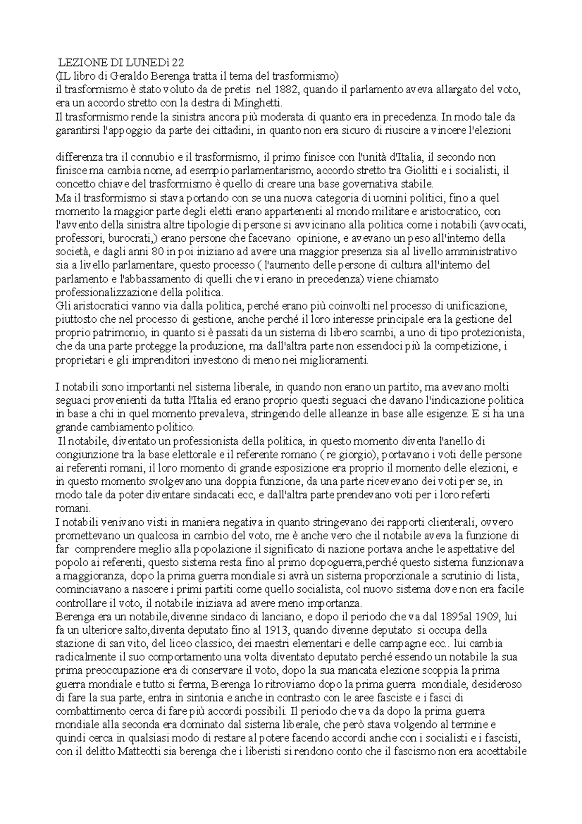 Trasformismo spiegato da berenga - LEZIONE DI LUNEDì 22 (IL libro di ...