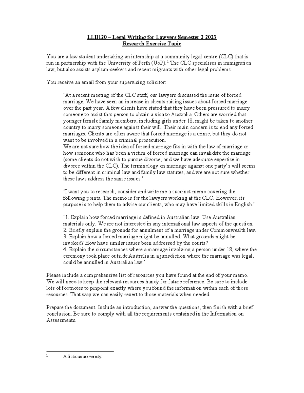 Research Exercise S2 2023 - LLB120 – Legal Writing for Lawyers Semester ...