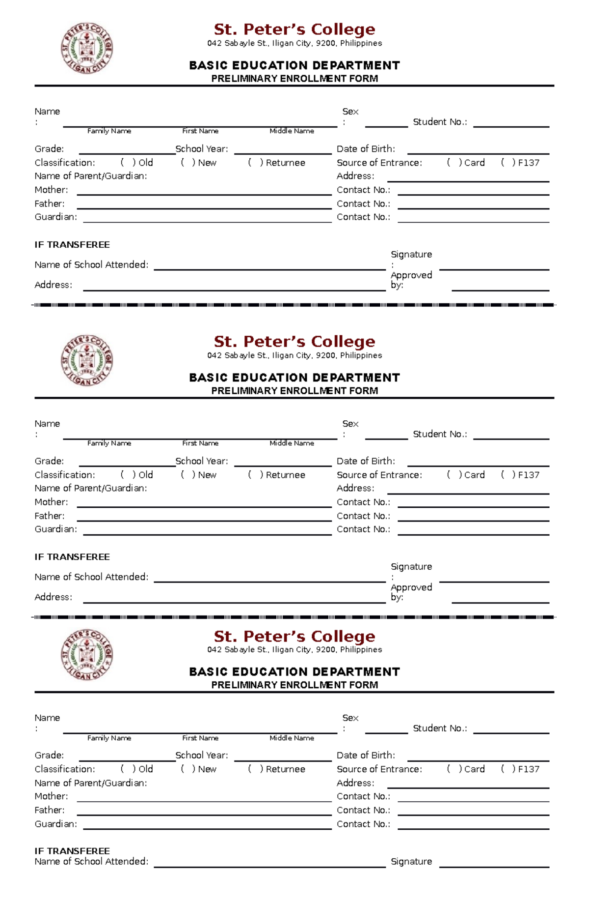 Preliminary Enrollment FORM - St. Peter’s College 042 Sabayle St ...