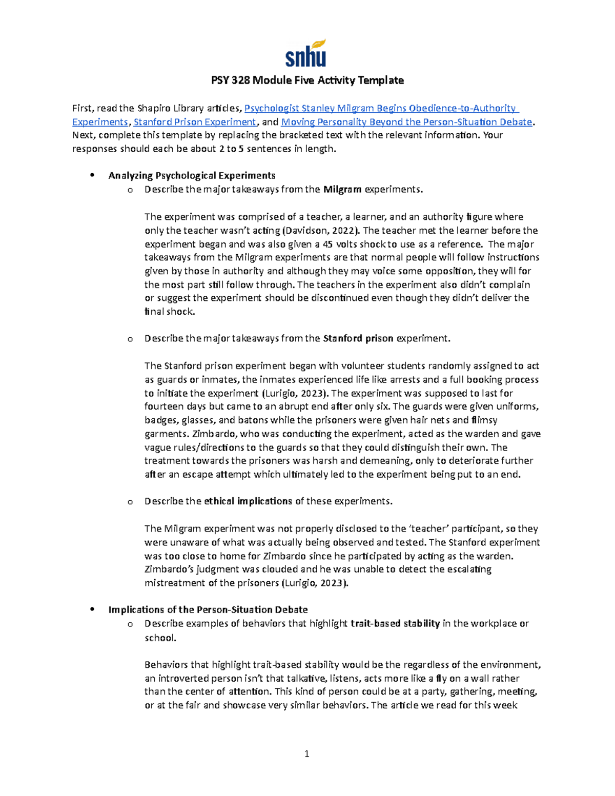 PSY 328 Module Five Activity Template - PSY 328 Module Five Activity Template First, read the ...