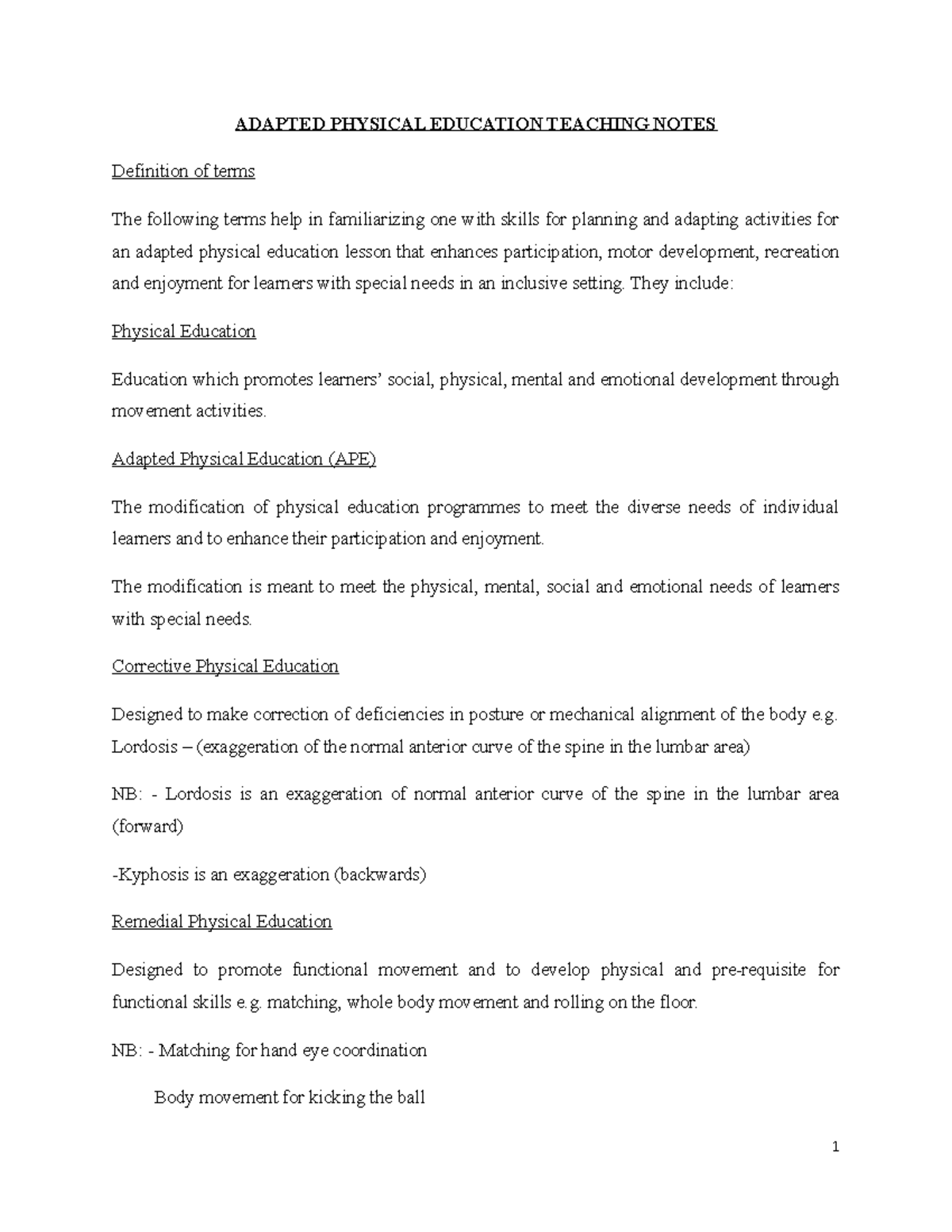 Adapted PE notes - Copy - ADAPTED PHYSICAL EDUCATION TEACHING NOTES ...