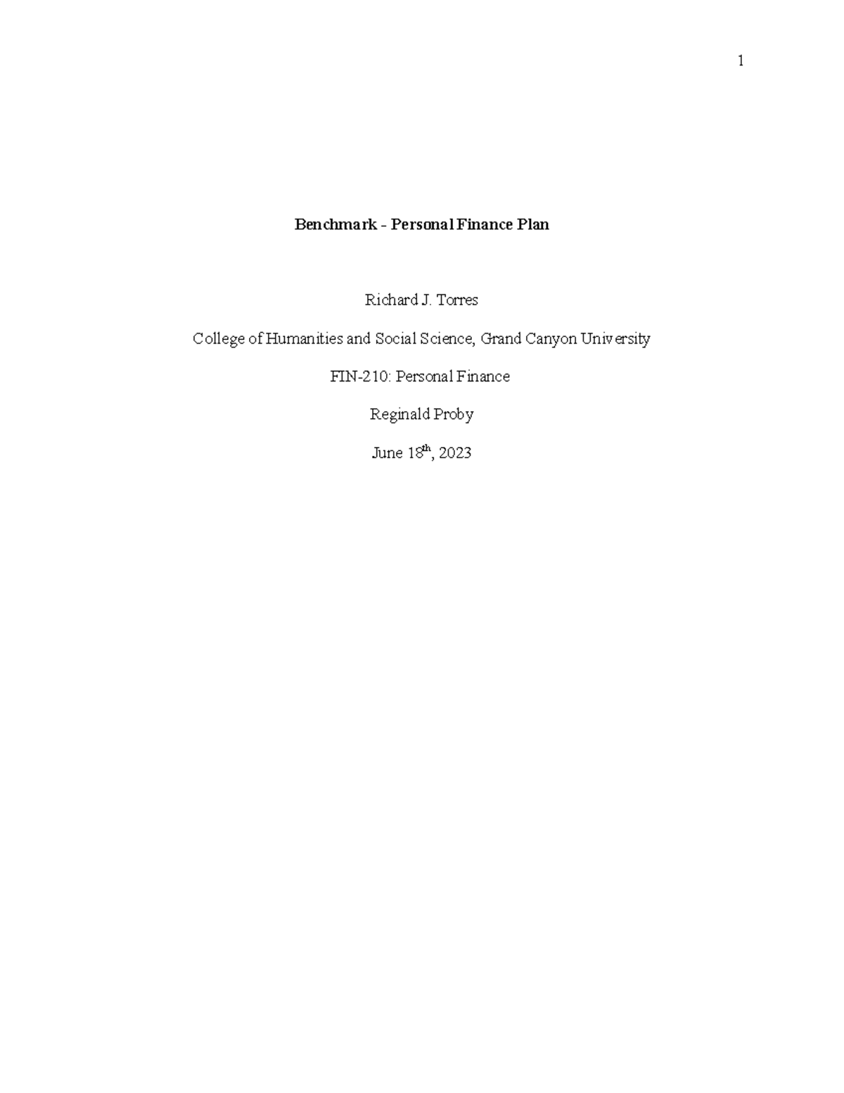 Benchmark Personal Finance Plan - Benchmark - Personal Finance Plan ...