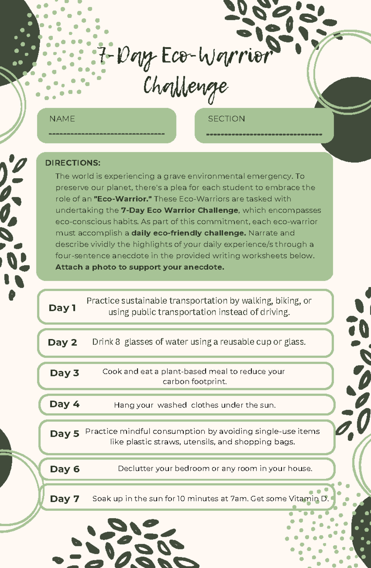 ECO- Warrior - 7-Day Eco-Warrior Challenge NAME SECTION DIRECTIONS: Day ...