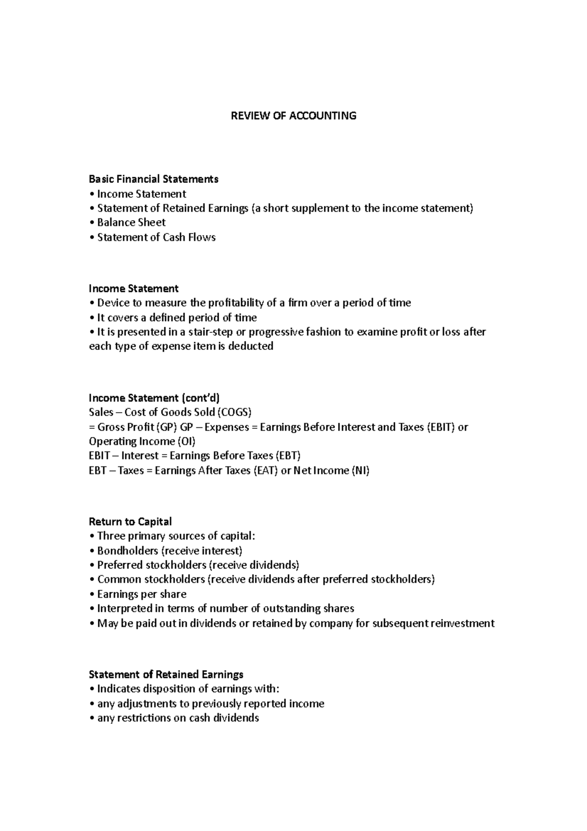 Review OF Accounting - REVIEW OF ACCOUNTING Basic Financial Statements ...