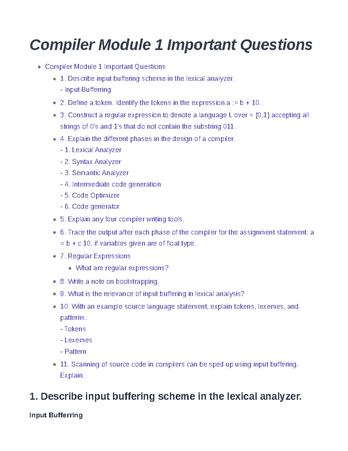 Compiler Module 1 Important Questions - Compiler Module 1 Important Questions 1. Describe input ...
