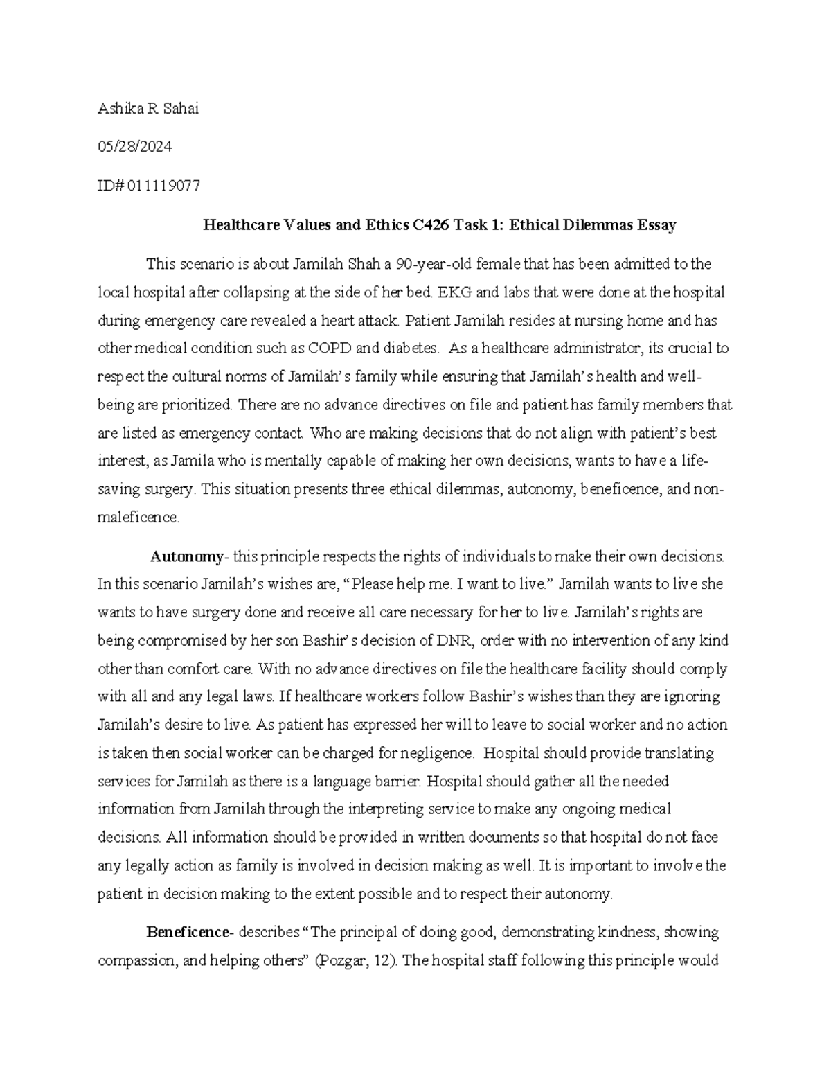 Healthcare Values and Ethics C426 Task 1 - Ashika R Sahai 05/28/ ID ...