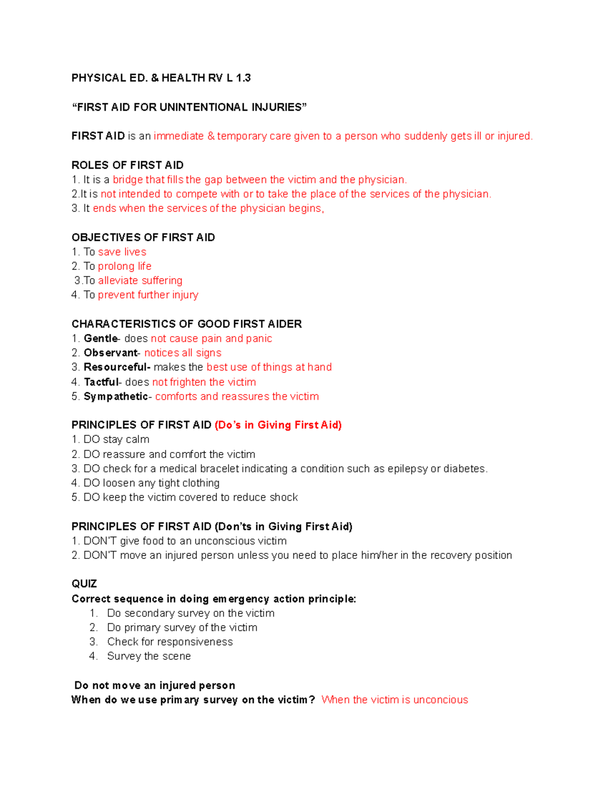 Physical-ED - PHYSICAL ED. & HEALTH RV L 1. “FIRST AID FOR ...