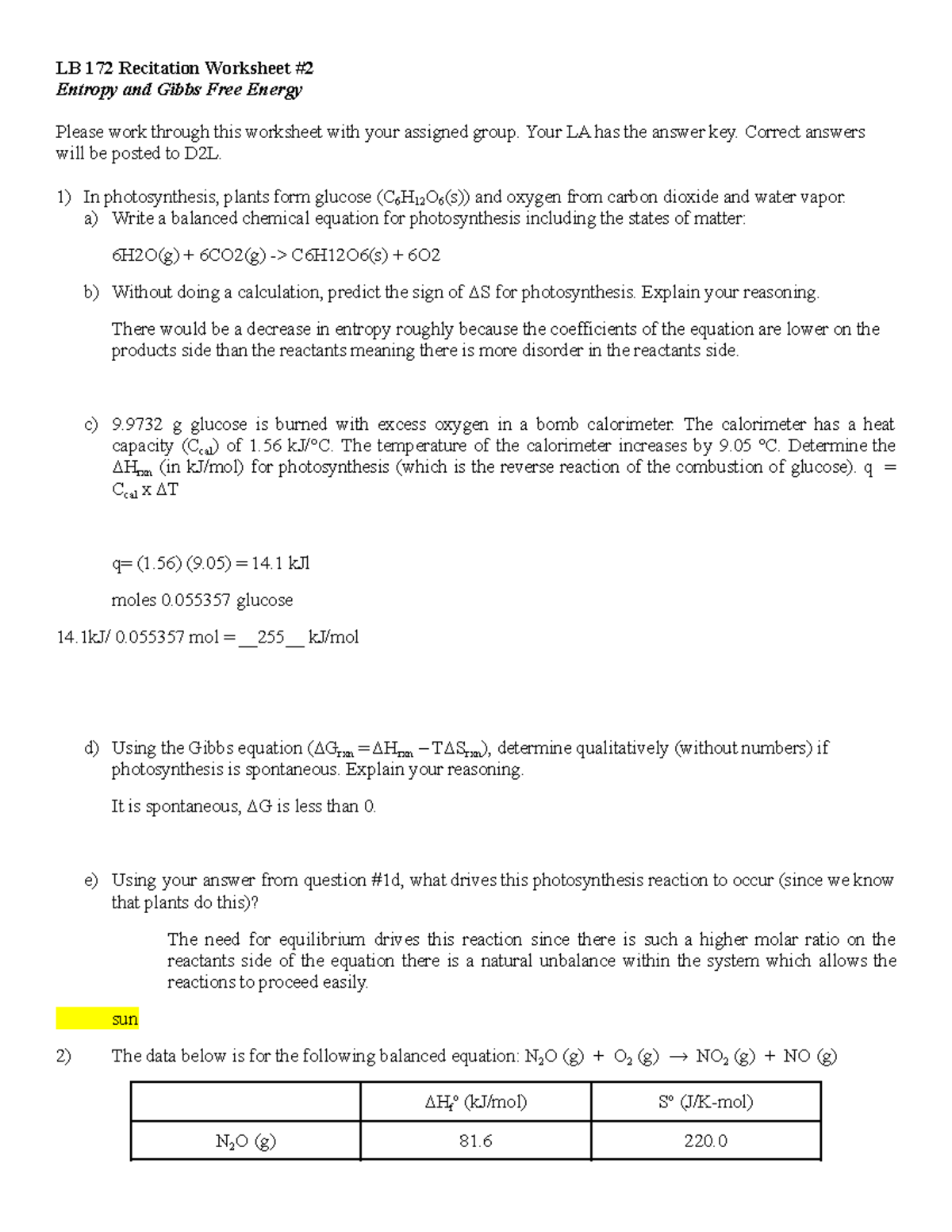 Recitation W2 - free energy - LB 172 Recitation Worksheet # Entropy and ...