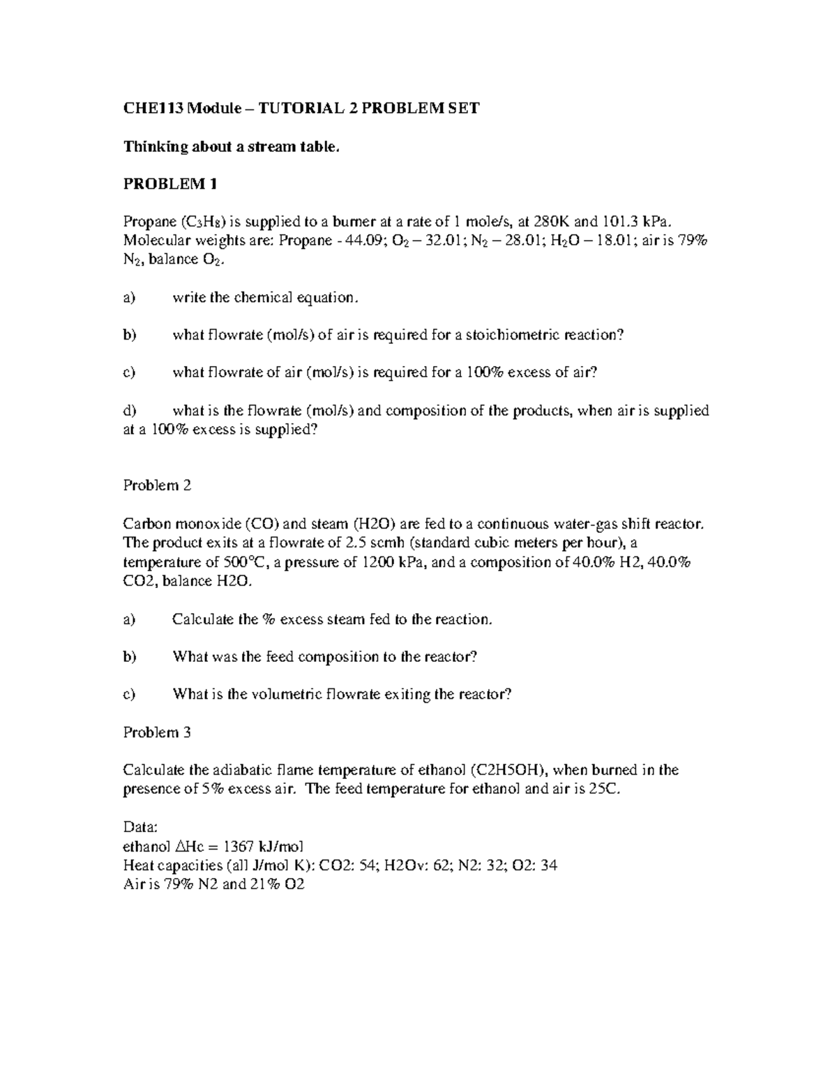 Tutorial Questions 2 Questions Only Che113 Module Tutorial 2 Problem Set Thinking About A