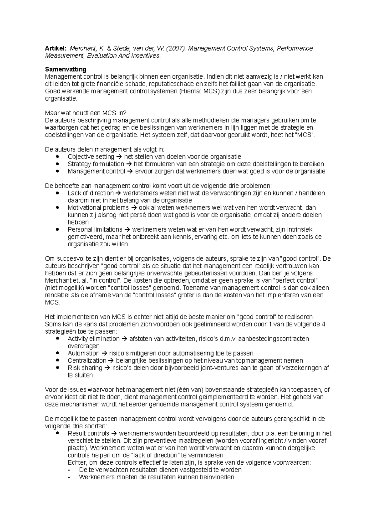 Merchant, K. & Stede, van der, W. (2007 ). Management Control Systems ...