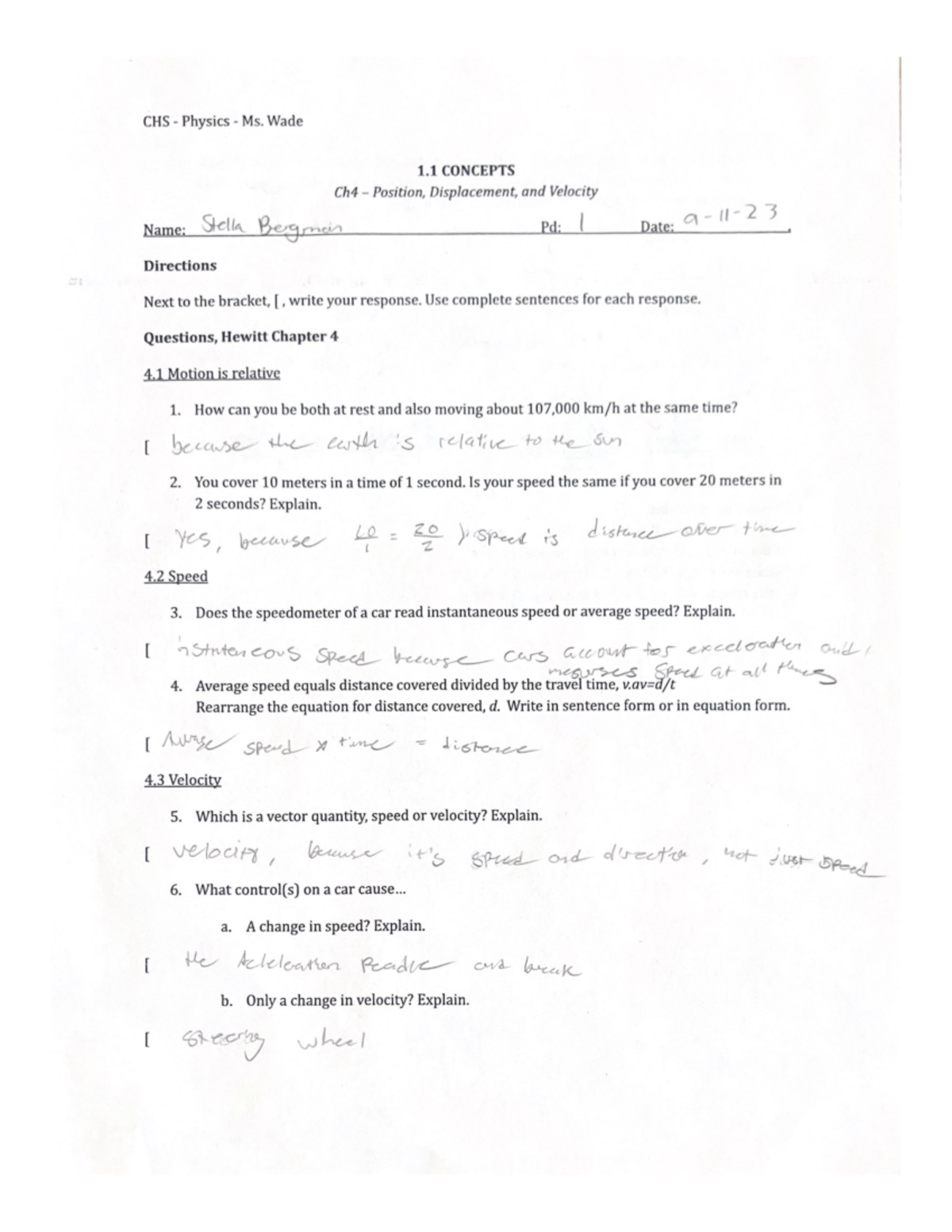 CHS - Physics - Ms. Wade - yes - CHS Physics Ms. Wade 1 CONCEPTS Ch4 ...