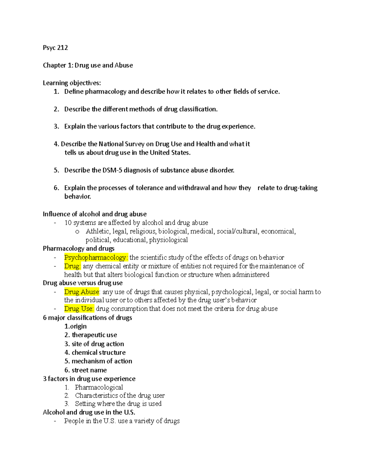 Psyc 212 - Lecture notes chapter 1 - Psyc 212 Chapter 1: Drug use and ...
