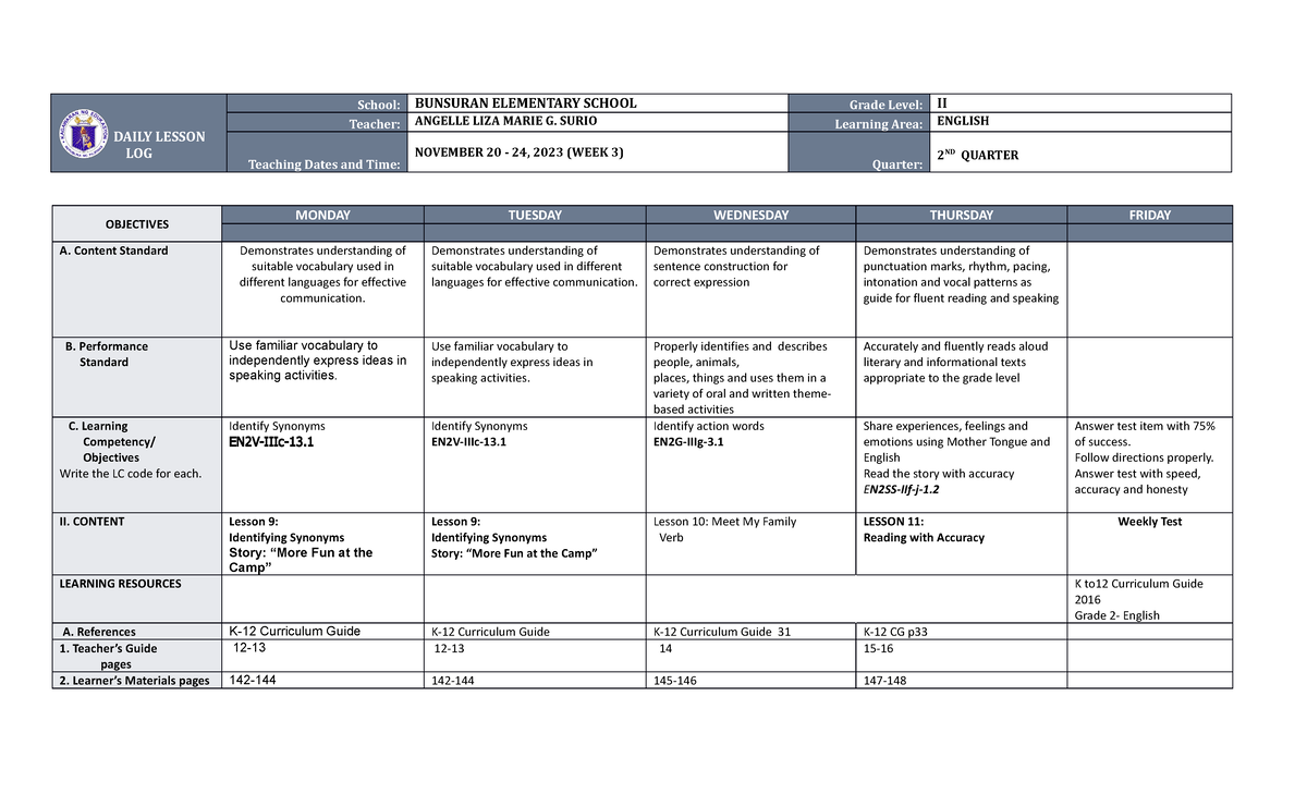 DLL English 2 Q2 W3 - asdf - DAILY LESSON LOG School: BUNSURAN ...