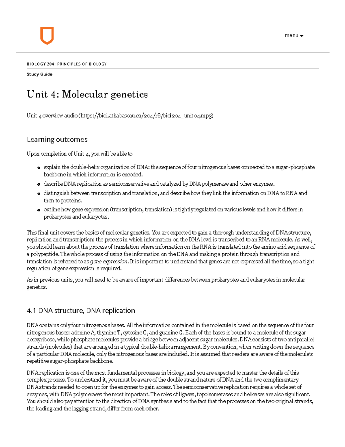Study Guide - Unit 4 -AU BIO 204 - menu BIOLOGY 204 : PRINCIPLES OF ...